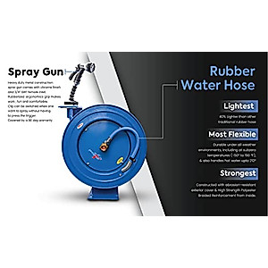 BLUSEAL BSWR5850 Retractable Hose Reel with 5/8" x 50' Hot Water Rubber Hose, 6' Lead-in, 500 PSI, Brass Fittings, Swivel Mount Hose Reel, 9 Pattern Spray Nozzle