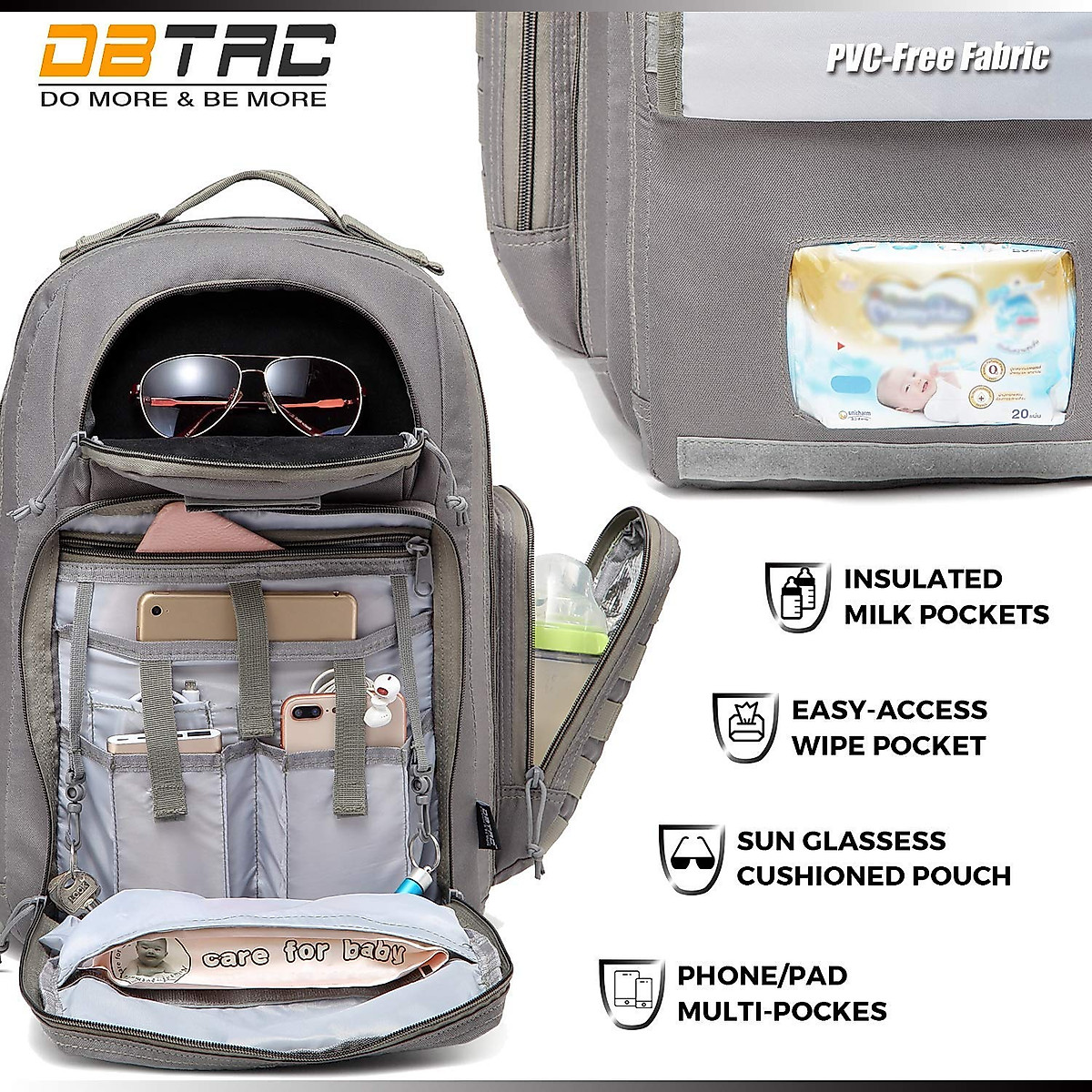 Diaper Bag Backpack for Dad, DBTAC Large Baby Nappy Bag for Men w/Changing Mat, Insulated+Wipe Pockets, Stroller Straps, Grey