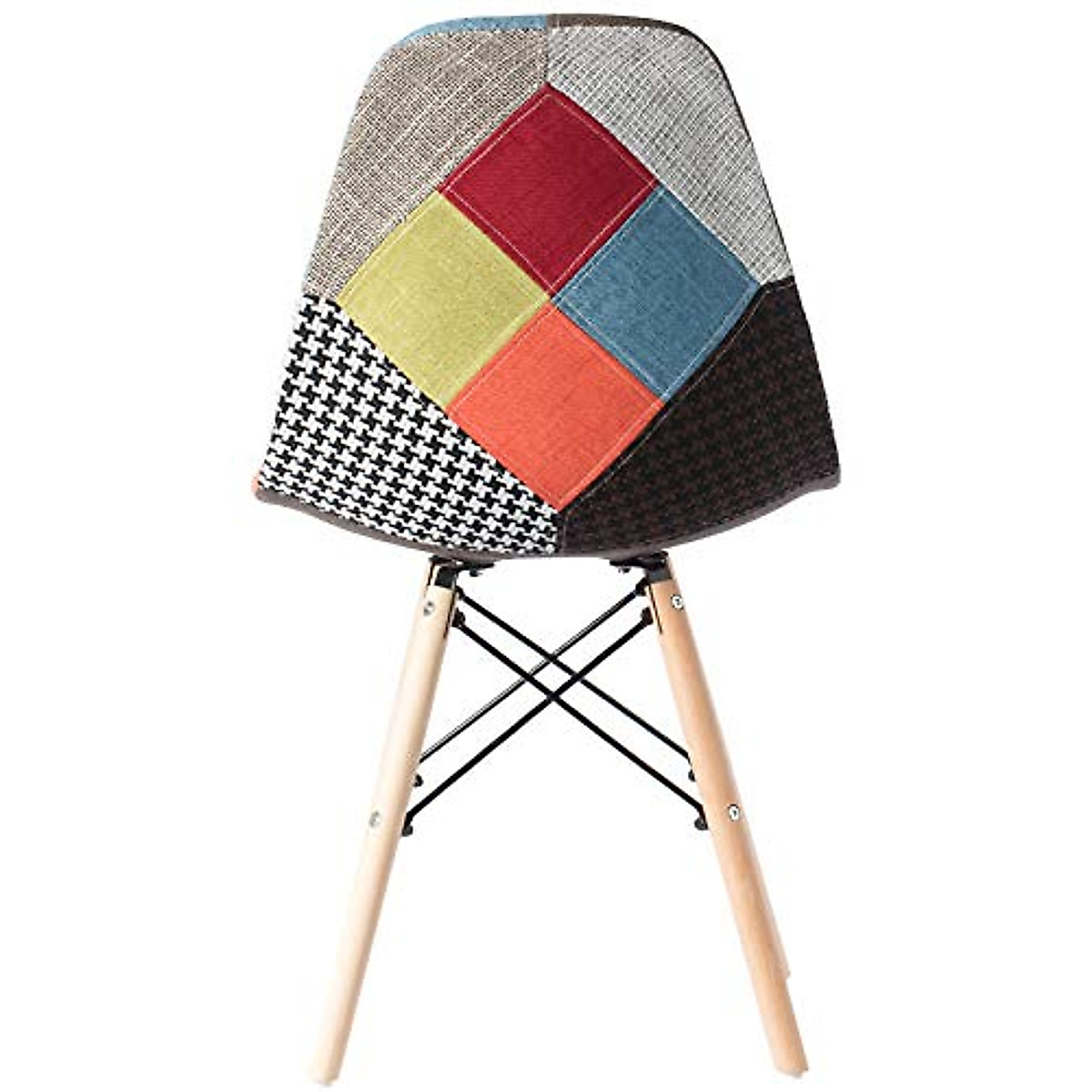 Mid-Century Modern Upholstered Plastic Multicolor Fabric Patchwork DSW Shell Dining Chair with Wooden Dowel Eiffel Legs