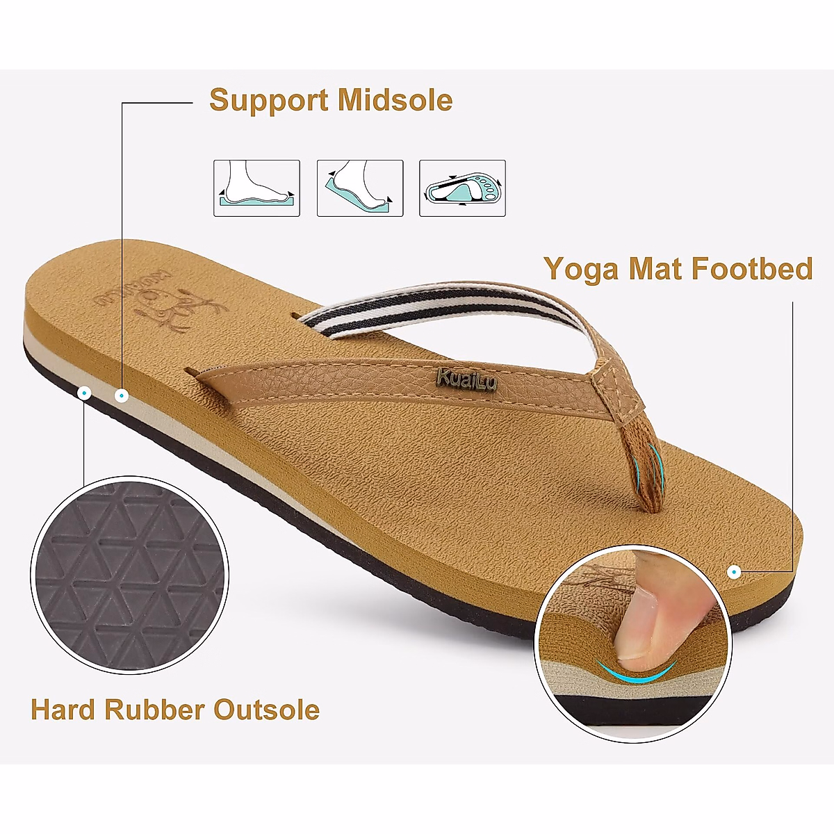 KuaiLu Womens Arch Support Flip Flops Comfortable Yoga Mat Slip on Leather Walking Thong Cushion Sandals Summer Beach Orthotic Slides Travel Essentials Indoor Outdoor Slippers Shoes Khaki Size 8