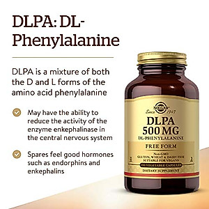 Solgar DLPA 500 mg, 100 Vegetable Capsules - Free Form DL-Phenylalanine - Supports Central Nervous System - Vegan, Gluten Free, Dairy Free, Kosher - 100 Servings