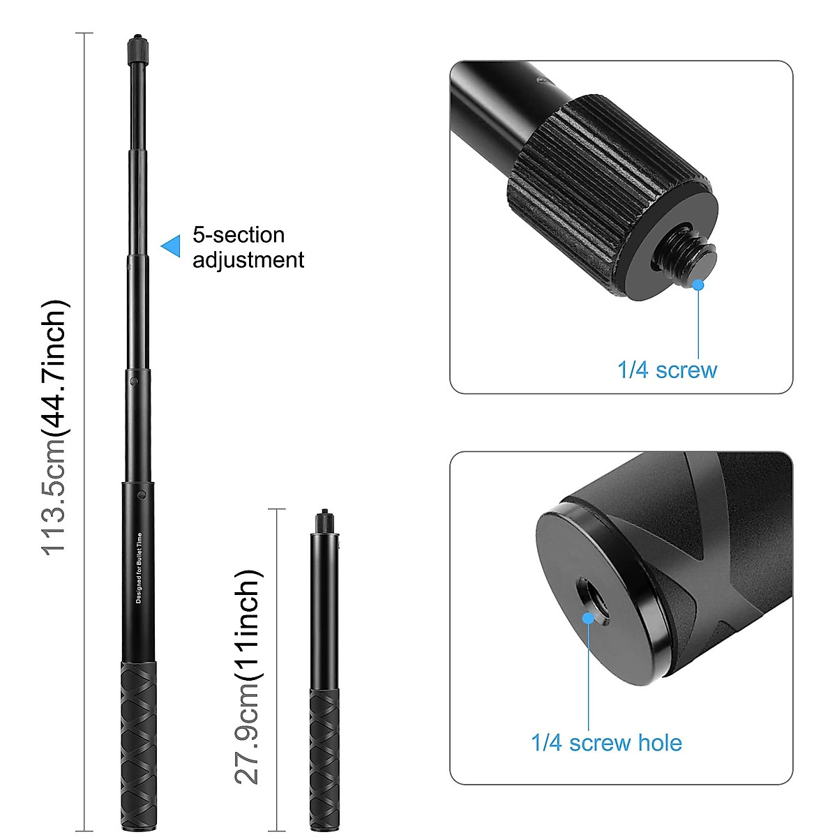 PULUZ Third Person Perspective Motorcycle Bike Handlebar Mount Selfie Stick Pole for Gopro, Insta360, Action Camera Clamp Monopod Stand 11-44.7 inch