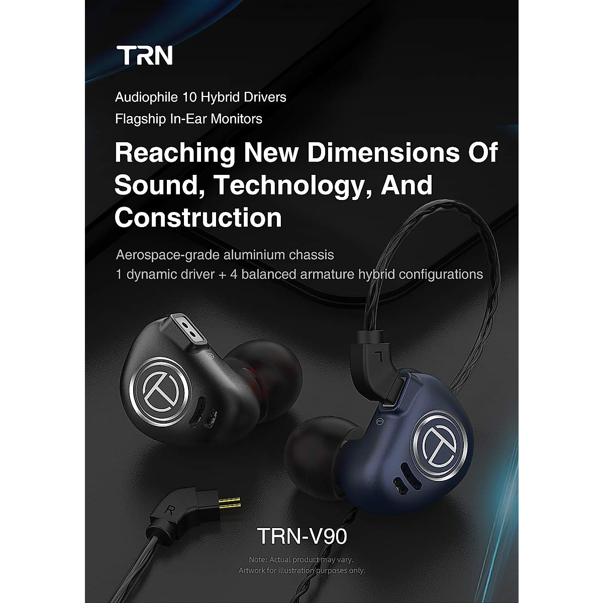 Senlee TRN V90 in Ear Hearphones 4BA 1DD Five Drivers Hybrid in Ear Monitors, TRN HiFi Earbuds1DD + 4BA with 3.5mm Plug 2pin 0.75mm Detachable Cable(with Mic, Midnight)