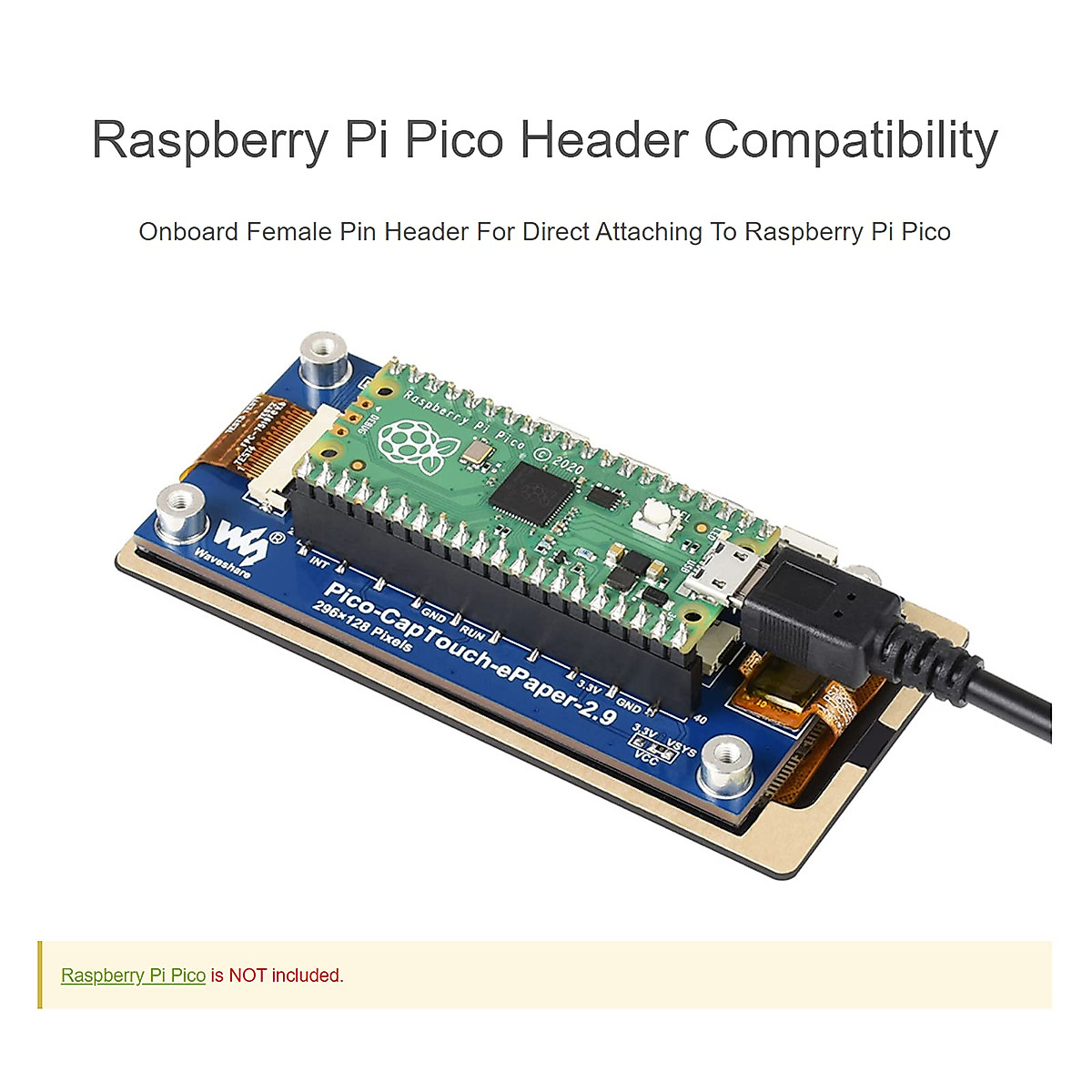 2.9 Zoll e-Paper Touch Display für Raspberry Pi Pico 296×128 E-Ink Touchscreen Anzeigemodul Zweifarbig Schwarz/Weiß 3.3V Unterstützung 5-Punkte-Touch SPI / I2C-Schnittstelle Teilaktualisierung