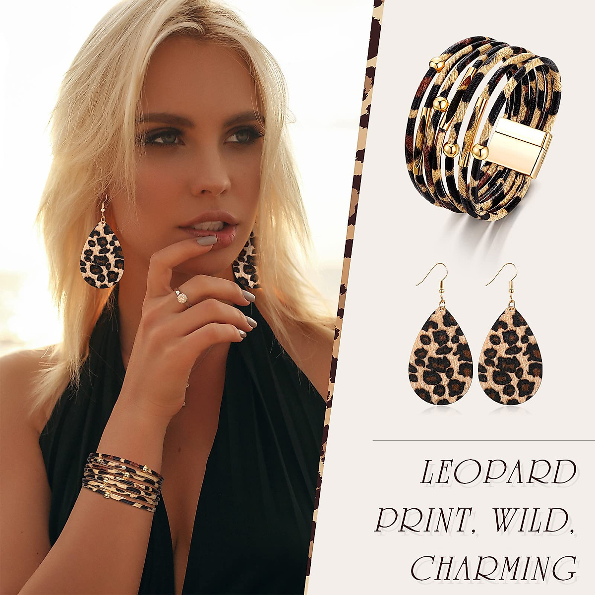 Junkin 3 Pieces Bohemia Leopard Jewelry Set Multilayer Leather Cuff Bracelet Leopard Print Earrings Leopard Print Necklace Collar Bib for Women