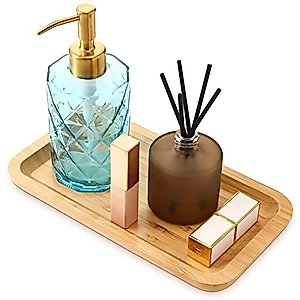Bamboo Vanity Tray, Bathroom Counter Tray, POVTOKA Rectangular Wood Toilet Countertop Organizer Holder for Soap Dispenser Candle Jewellery Perfume, 9.8 x 5.5 x 0.8inch