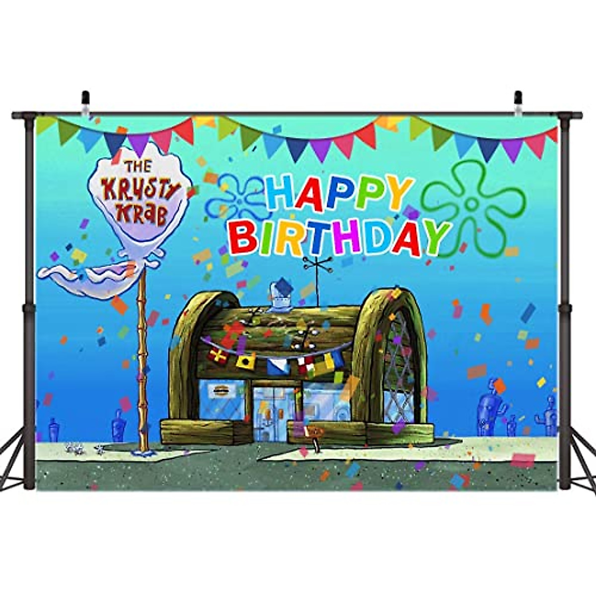 QHY 7x5ft Cartoon Animation Spongebob Theme Photography Backdrop Children Happy 1st Birthday Party Decorations Banner The Krusty Krab Photo Background Vinyl Baby Shower Booth Studio Props