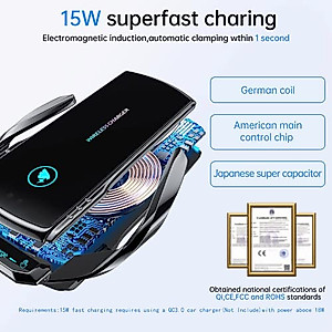 Wireless Car Charger for All Smartphones, 15W QI Fast Charging，Auto-Clamping Car Wireless Charger Air Vent Car Phone Mount (Black)