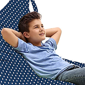 Lunarable Navy and White Lounger Chair Bag, White Polka Dots on Dark Blue Background Ocean Marine Theme Pattern, High Capacity Storage with Handle Container, Lounger Size, Dark Blue White
