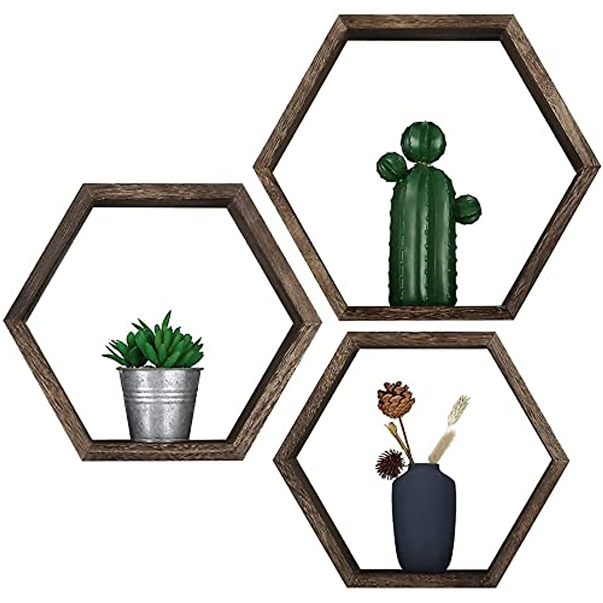 1885 Wall Glimmer Hexagon Floating Shelves Rustic Brown - Set of 3 Larger Size Decorative Honeycomb Shelves - Wall Mounted Geometric Rustic Wood Floating Shelves for Wall Decor