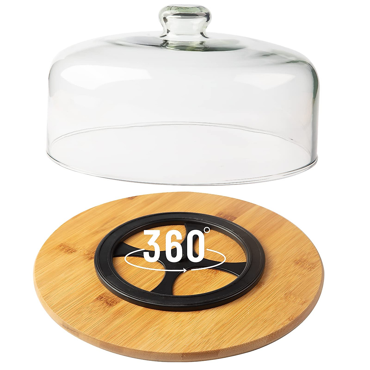 11 Inch Bamboo Cake Stand with 10 Inch Glass Dome Cover, ANMEISH Rotating Cupcake Display Plate with Lid, Cake Holder with Turntable Base