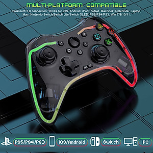Joso Mobile Gaming Controller for iPhone/Android/PC/PS4 with RGB, Wireless Switch Controller with 6-Axis Gyro/Dual Vibration/Customized Buttons/Turbo, Transparent Mobile Gamepad with Phone Holder