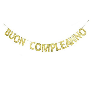 BUON Compleanno Banner, Gold Gliter Shiny Paper Italian Happy Birthday Sign Garland