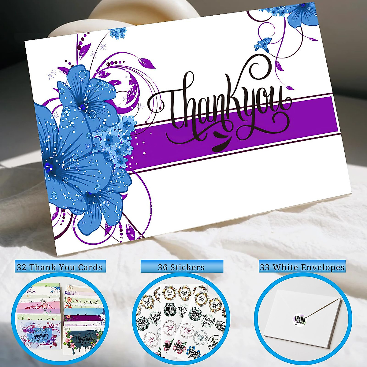 32 Thank You Cards with Envelopes Matching Stickers and Storage Box, 4 x 6 Inch Blank Thank You Greeting Cards Thank You Note for Graduation, Baby Shower, Wedding, Business, Mom, Father, Doctor, Teachers