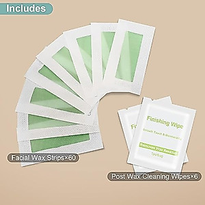 Charmonic Facial Wax Strips-60 Strips, Facial Hair Removal for Women, Hair Remover Waxing Kit for Face Eyebrow Upper Lip Cheek, Waxing Strips for All Skin Types with 60 Face Wax Strips + 6 Wax Wipes