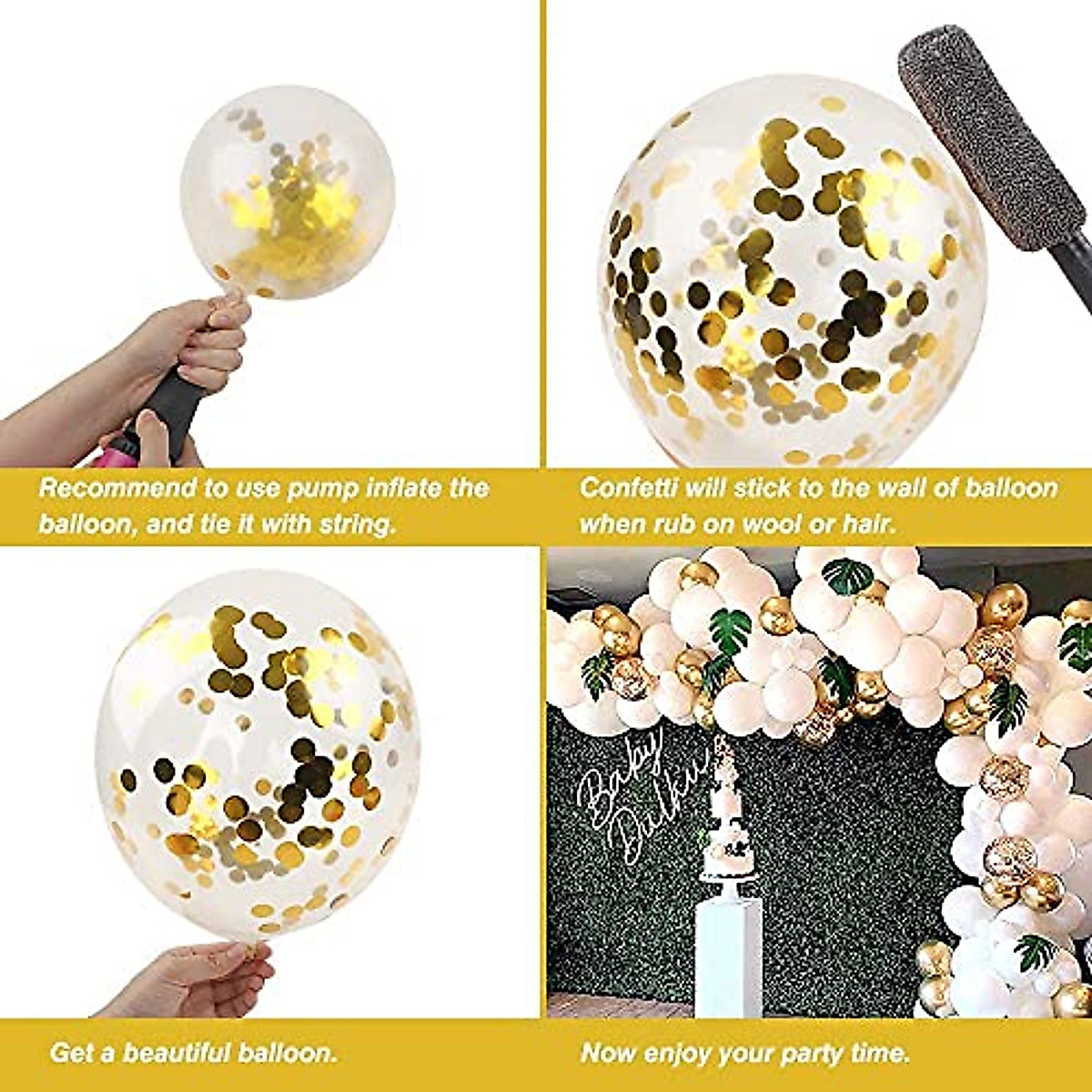 RUBFAC 145pcs White Balloon Arch Garland Kit White Gold and Golden Confetti Balloons for Parties,Baby Shower, Wedding, Engagements, Anniversary, Birthday Decorations DIY with Artificial Palm Leaves