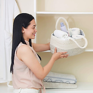 Baby Basket - Jeneric Design?s Woven Rope Portable Light Weight White Nursery Caddy Basket with Handles for Storage and Organization of Diapers, Toys, Baby Laundry Clothes, Towels, Blankets