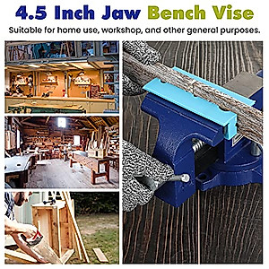 Nuovoware Heavy Duty Bench Vise 4.5 Inch, 240° Swivel Locking Base Bench Clamp with 125mm Vise Jaw, Clamp-on Home Merchanic Vice Desktop Clamp for Woodworking, Drilling, Cutting Conduit -Blue + Blue