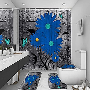 ALEXEX 4Pcs Blue Daisy Shower Curtain Sets with Non-Slip Rugs, Toilet Lid Cover and Bath Mat, Floral Butterfly Bathroom Decor Set Accessories Waterproof Shower Curtains with 12 Hooks, 72 x 72 Inch