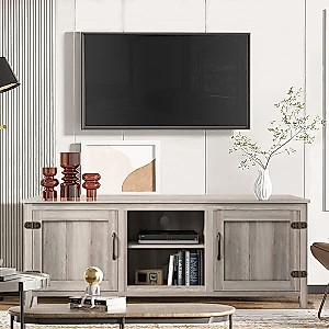 WESOME TV Stand for 50/55/60/65/70/75/80 TVs, Large Farmhouse Barn Door Wooden Media Console with Adjustable Shelves, Rustic TV Console Table Cabinet for Living Room Bedroom 70 Inch (Grey Wash)