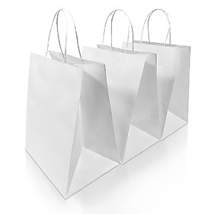 White Paper Bags with Handles, 50 Count 10x6.75x12 Inches White Kraft Paper Bags for Wedding bags, Gift bags, Food bags, Shopping bags, Grocery bags, Storage bags, Lunch bags, Take Out bags, Retail bags and More, Reusable, Eco-friendly and Sustainable 107