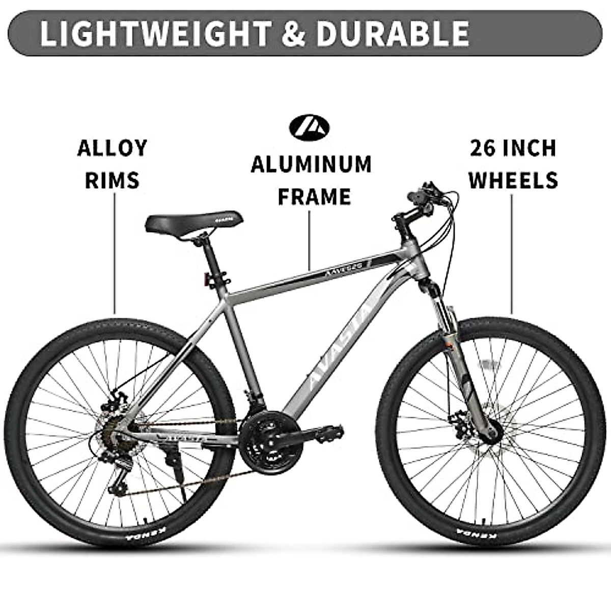 AVASTA Adult Mountain Bike 21-Speeds 26-Inch Wheels for Men and Wowen, Aluminum Frame Disc Brakes Mountain Bicycle, Front Suspension,Size S,Grey