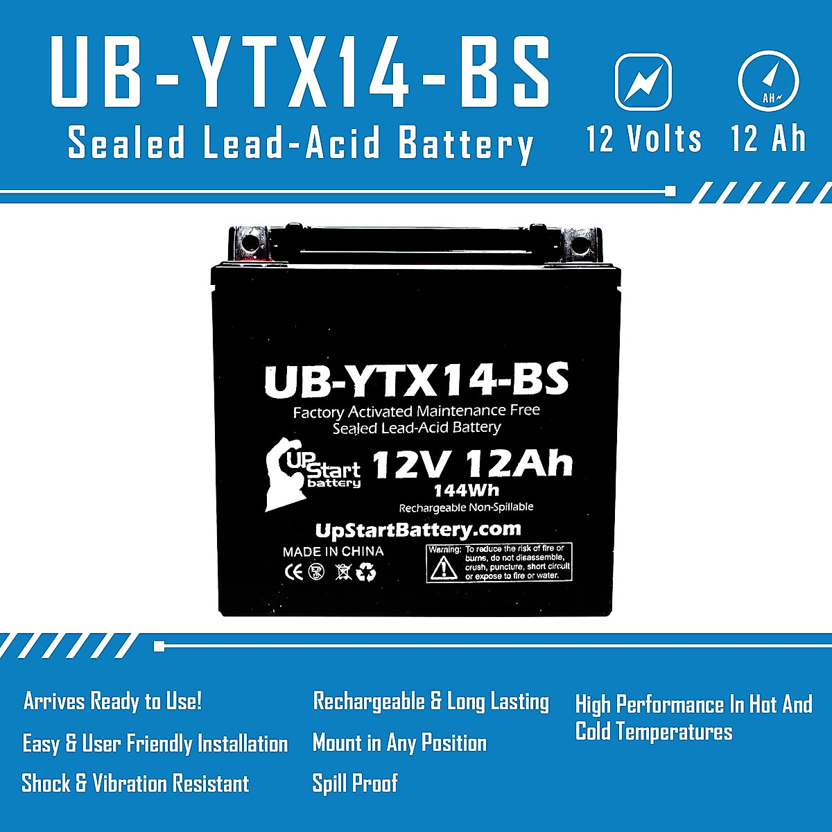 Replacement for 1999 Honda GL1500 Valkyrie 1500 CC Factory Activated, Maintenance Free, Motorcycle Battery - 12V, 12AH, UB-YTX14-BS