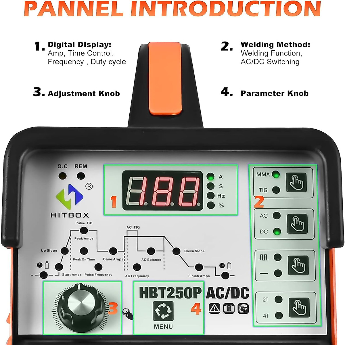 HITBOX 200A TIG Welder,AC/DC TIG Welder With Pulse 4 IN 1 Welding Machine,Aluminum TIG Welder 220V with DC TIG/AC TIG/Pulse TIG/Stick and IGBT 2T/4T LED Digital Display,Compatible with Foot Pedal