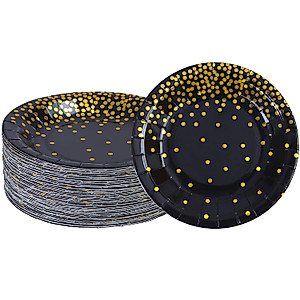 Aneco 60 Pieces 7 Inches Black Bronzing Disposable Paper Plates Dinnerware Plates Gold Foil Polka Dot Plates for Party Graduation Wedding Anniversary Birthday