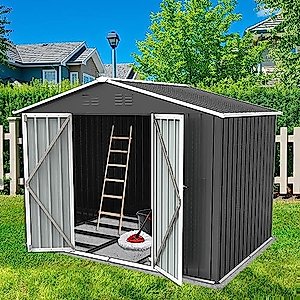 Zevemomo 8 x 6 ft Outdoor Storage Shed, All Weather Tool Shed with Metal Foundation & 2 Lockable Doors, Metal Shed Outdoor Storage for Garden, Patio, Backyard, Lawn, Grey