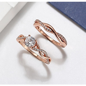 Queena CZ Wedding Ring Set for Women Rose Gold over Sterling Silver Engagement Ring Band Set Fake Engagement Rings for Women, Travel Wedding Ring Set, Cubic Zirconia Promise Rings for Her Size 6