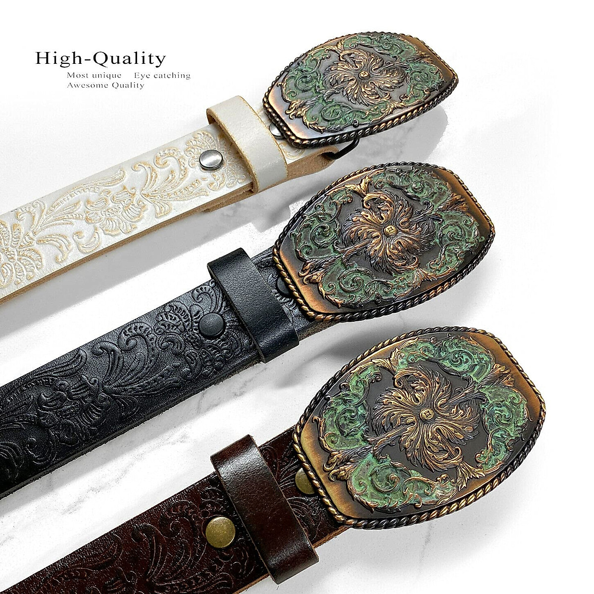 Western Fashion Style Floral Engraved Buckle Full Grain Genuine Leather Belt 1-1/2" (38mm) Wide, Multi-Style Options (Brown, 36)