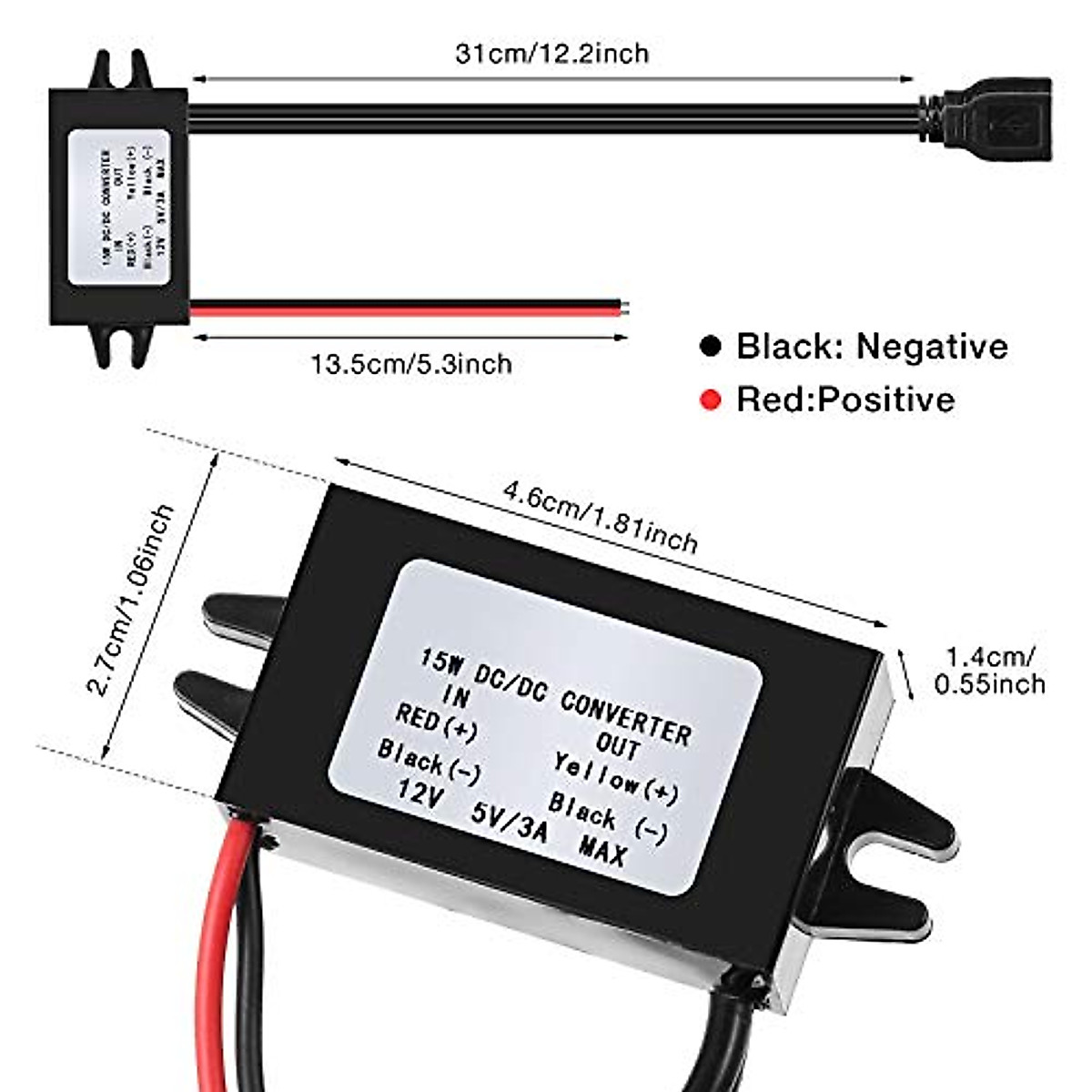 DC Converter Voltage 12V to 5V 3A 15W DC Buck Converter Module, DC to DC Reduced Voltage Regulator Car Power Adapter with Output Power Adapter
