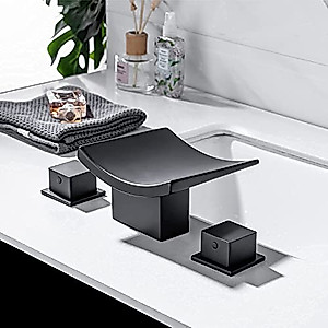 BANGPU Waterfall Bathroom Faucets, Modern Bathroom Sink Faucet 3 Holes Widespread Dual Handle Brass Basin Faucet Mixer Taps with Supply Hoses, Matte Black Vanity Sink Faucet