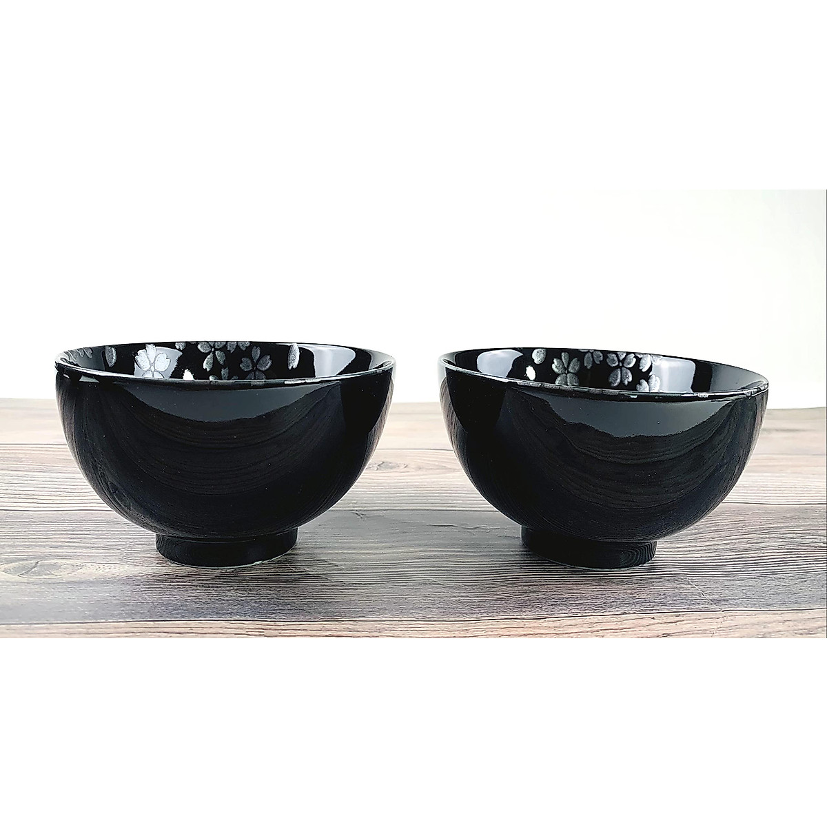 JapanBargain 4690, Japanese Porcelain Rice Bowls Gift Set,Cherry Blossom Sakura Pattern Miso Soup Bowls, Black and Silver Color, Set of 5, Made in Japan