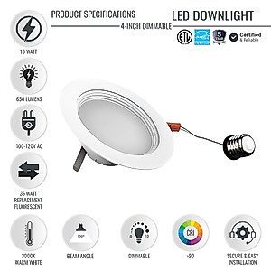 LEDMyplace 4 inch 10W Round Dimmable Retrofit LED Recessed Downlight, Pack of 4, 3000K Warm White, 650 Lumens, Replace of 35W, Baffle Trim Can Lights for Ceiling, Indoor Lighting for Home, Kitchen