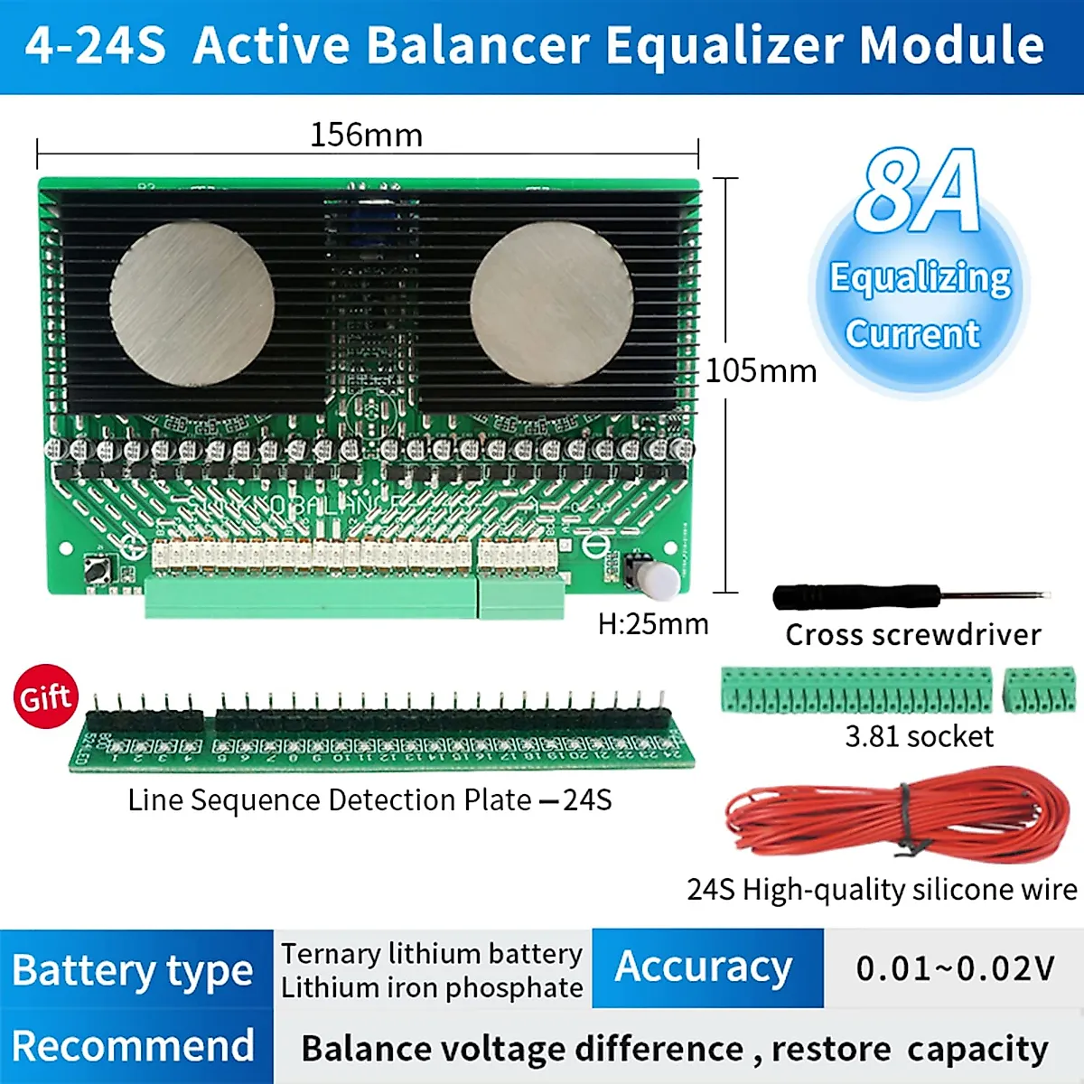 SUNKKO Battery Equalizer 8A 24S Battery Voltage Balancer Energy Transfer PCB, Transformer Inversion Battery Active Equalization Module for Lithium Battery Pack