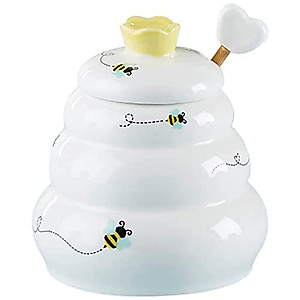 Kate Aspen Sweet as Can Bee Ceramic Mini Honey Pot with Wooden Honey Dipper (3.4 oz) Honey Jar, Bee Decor, White/Yellow (23261WT)