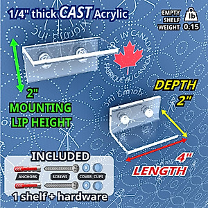 Xform3 4 inch Long, Floating Shelf, Clear Acrylic, Customizable! (2" deep)