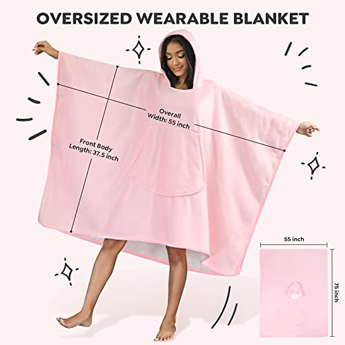 BALEINEHOME Oversized Wearable Blanket Hoodie, Thick Sherpa Fleece Super Warm Blanket Sweatshirt with Buttons and Giant Pocket, for Women and Men (Pink, Button)