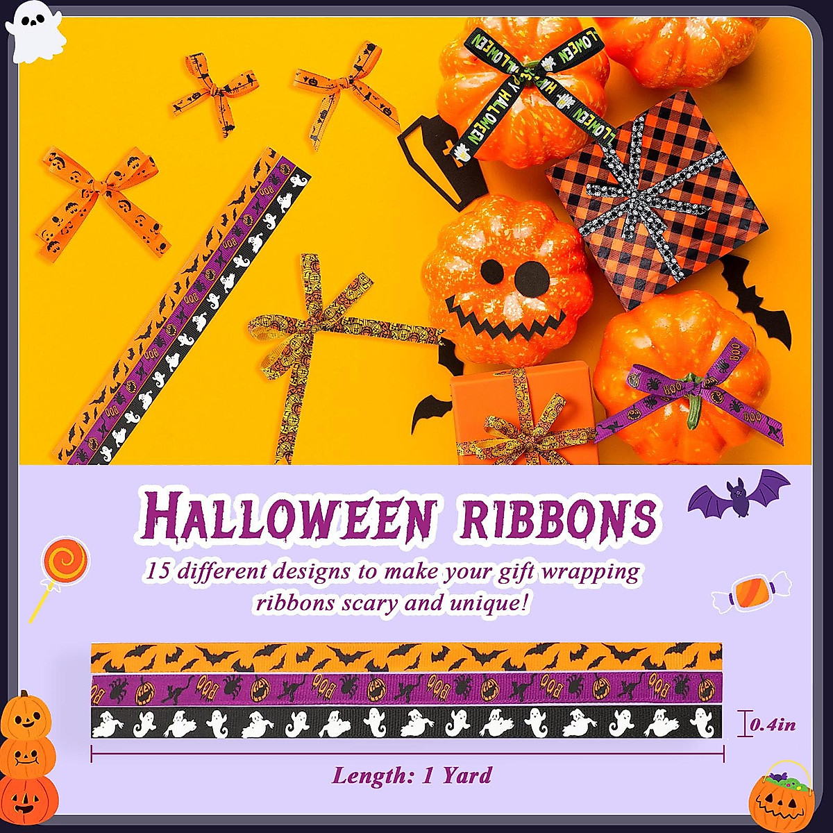 SANNIX 15 Pcs Halloween Ribbon, 15 Yards 3/8 Inch Halloween Grosgrain Ribbon Ghost Spider Thin Halloween Ribbon Bat Pumpkin Ribbons for DIY Crafts Gift Wrapping Halloween Decorations