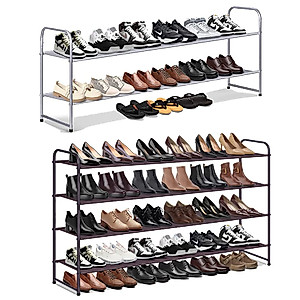 MISSLO 2 Tier Long Shoe Rack for Closet and 4 Tier Long Shoe Organizer for Closet Shoe Organizer Holds Wide Low Stackable Shoe Storage Shelf for Bedroom Floor, Men Boots, Women Heels, Kids Sneakers