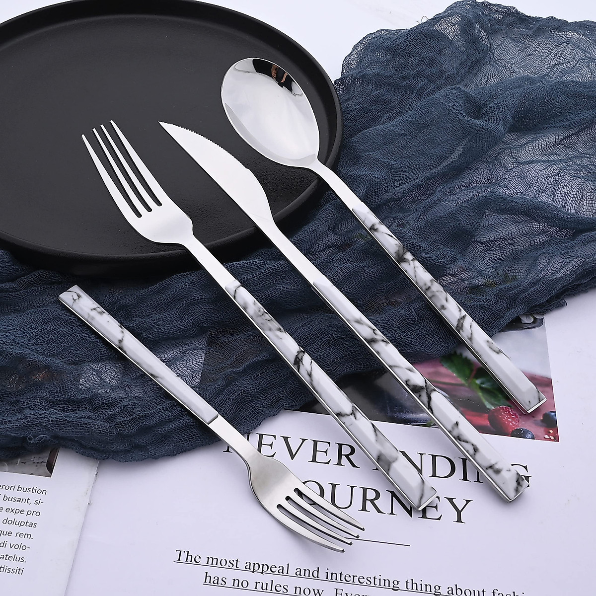 Uniturcky 16-Piece Silverware Set with Dessert Fork, Stainless Steel Flatware Cutlery Set for 4, Mirror Finish Tableware Utensil Set, Marble Texture Handle, Include Knife Fork Spoon(White & Silver)