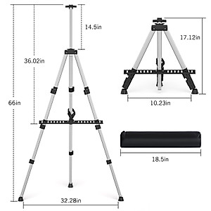 Art Painting Easel Stand - Portable Adjustable Display Artist Tripod Metal Easel with 1 Bag for Tabletop/Floor Painting, Height from 17 to 66 inches, Sturdy for Drawing, Displaying - Silver