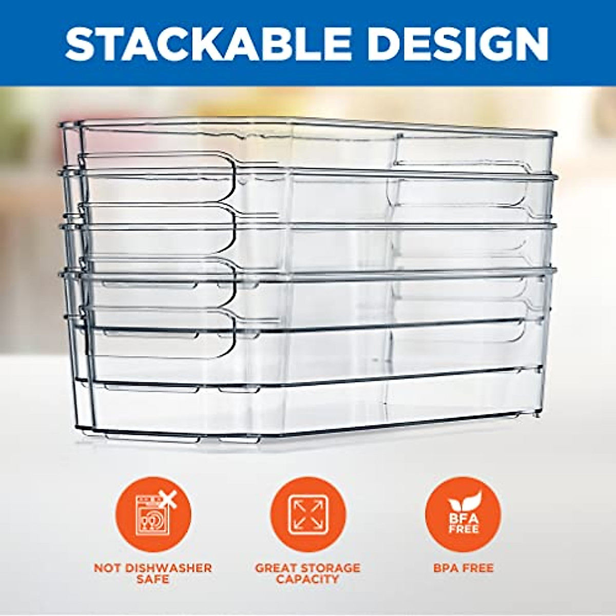 NutriChef Set of 8 Refrigerator Bins-4 Wide and 4 Narrow Stackable Fridge Organizers for Freezer, Kitchen, Countertops, Cabinets-Designed with Practical Carry Handles and Interior, 8 containers, Clear