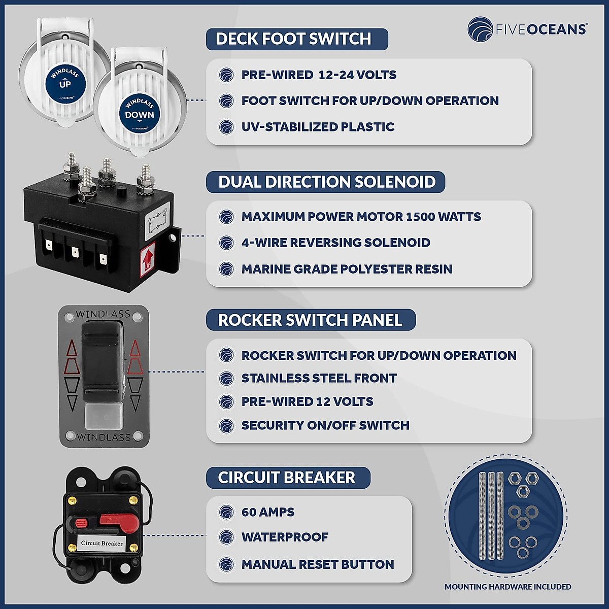Five Oceans Horizontal Windlass Anchor System, Windlass Atlantic 600 Watts, 12V DC, Max Limit Pulling Power 1200 Lb, Solenoid, 60A Circuit Breaker, Up/Down Foot Switch and Rocker Switch - FO3930