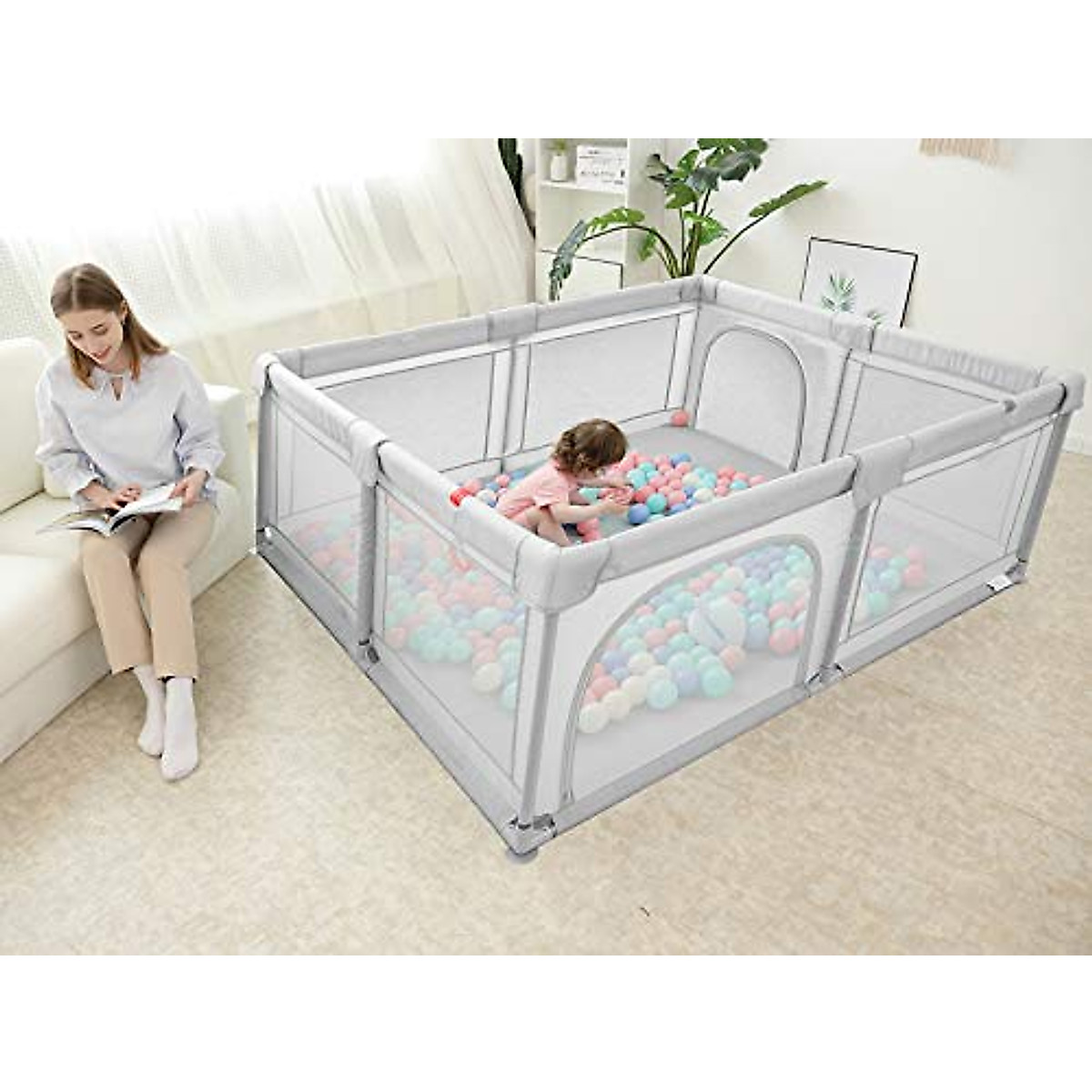Baby Playpen,Kids Large Playard,Indoor & Outdoor Kids Activity Center,Playpen for Babies,Infant Safety Gates,Sturdy Play Yard for Toddler,Children's Fences Packable & Portable 81x61 (Grey)