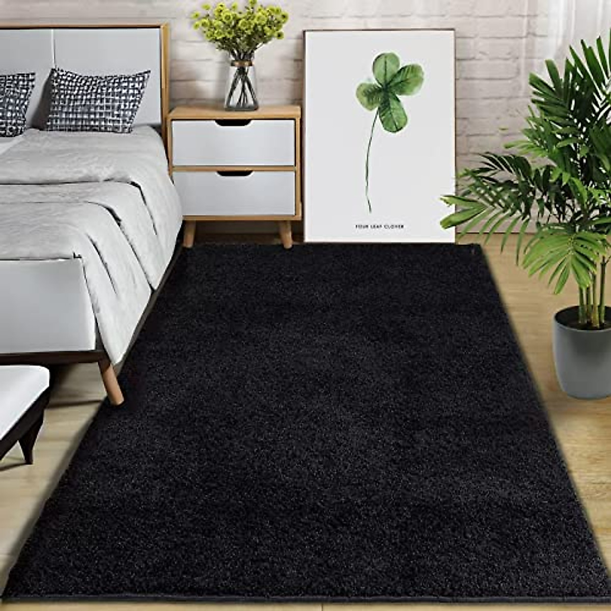 JOLENE.K Black Shag Rugs for Bedroom, 8x10 Ft, Luxurious Soft Thick Fluffy Kitchen Mat, Non Slip Floor Carpet for Living Room Dining Room, Indoor Modern Home Decor Shag Rug Nursery Accent Rug Carpets