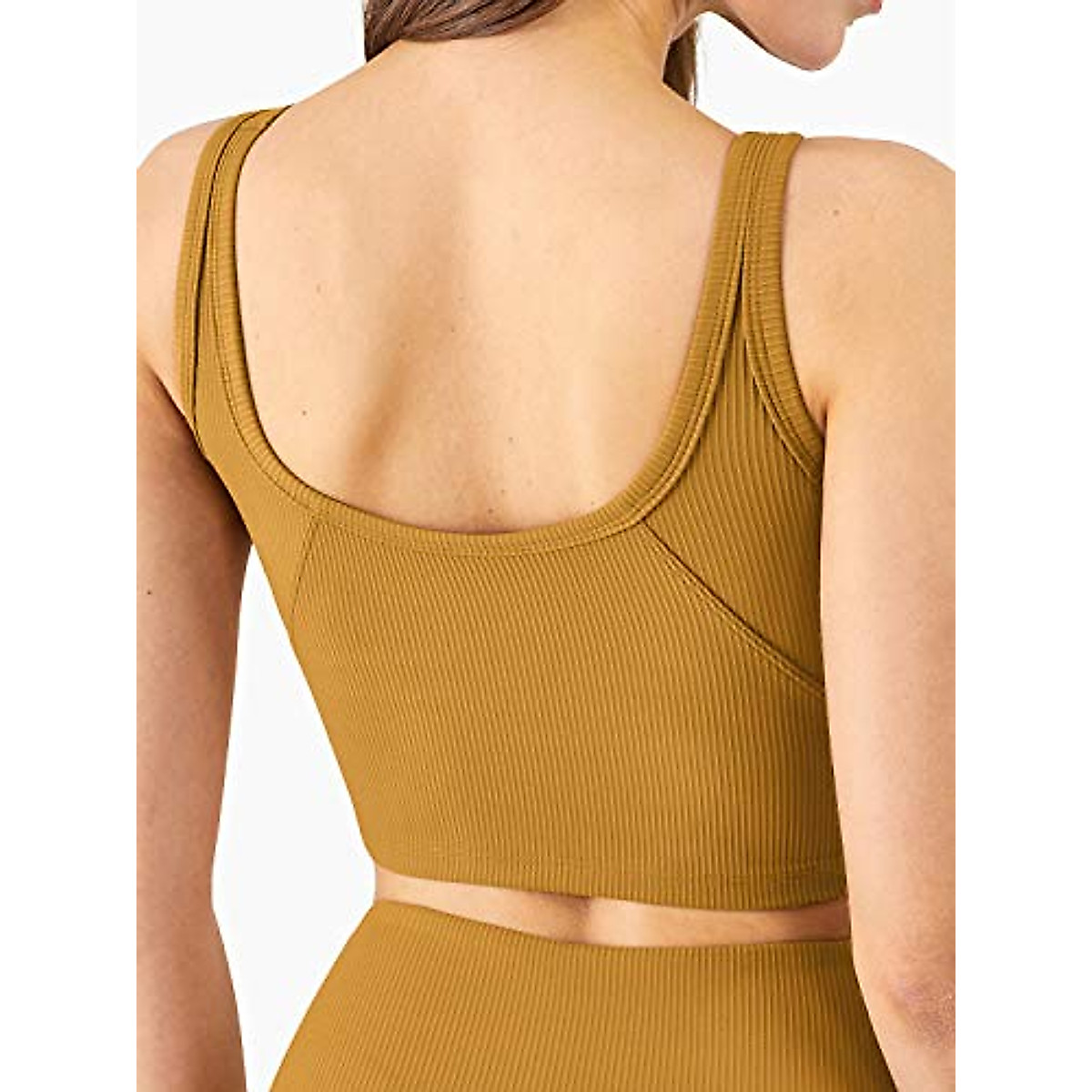 KIKIWING Seamless Sports Bra Workout Crop Tank Tops for Women Long Lined Ribbed Fitness Copper Brown M