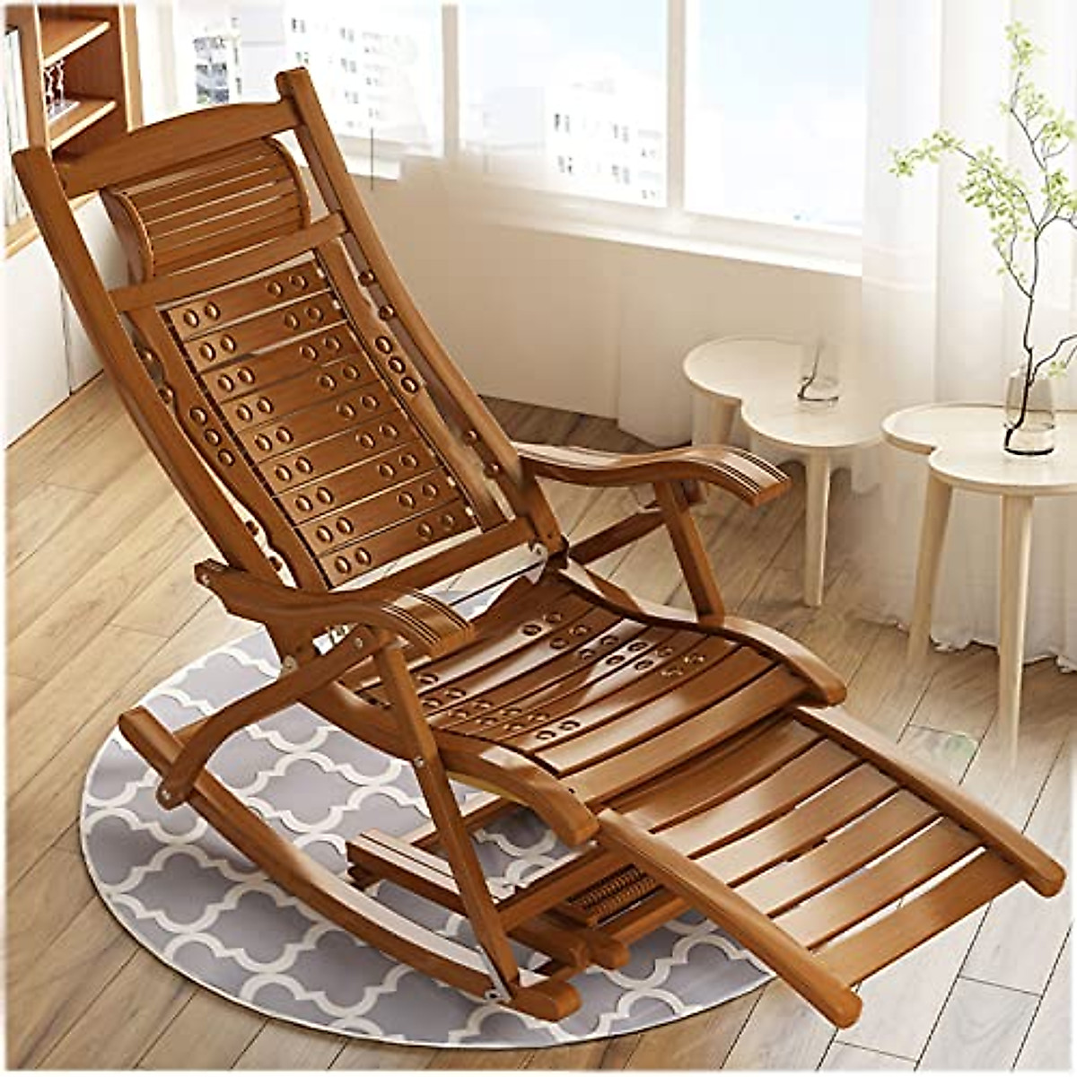 Lounge Chair, Wooden Recliners for Garden Folding Chair Bamboo Recliner Folding Rocking Chair - Balcony Home Lounge Chair, Adjustable Backrest Elderly Chair (Color : Wood)